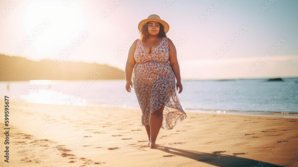 Happy woman with obesity walks along seacoast at sandy beach, beautiful ...