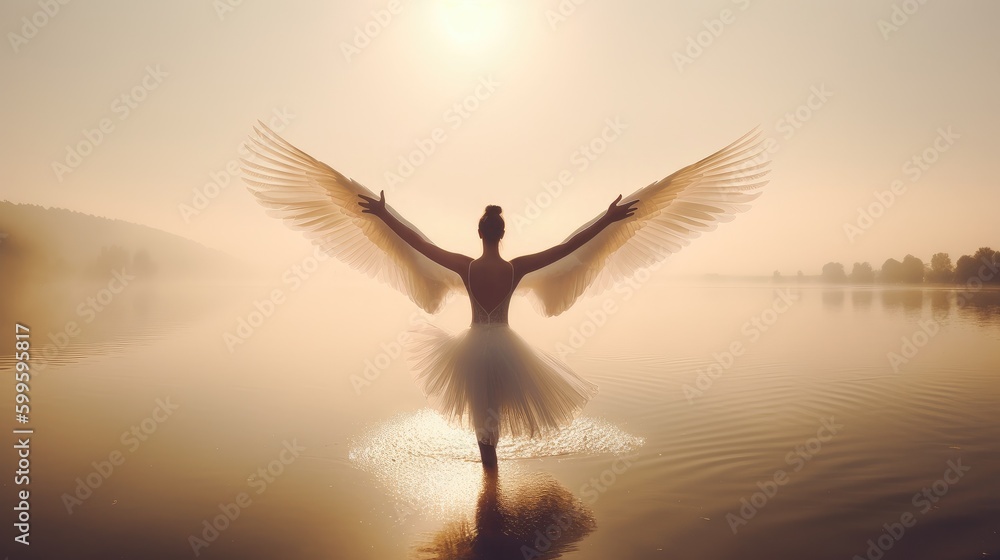 Female ballet dancer with swan wings dancing on swan lake in sunrise ...