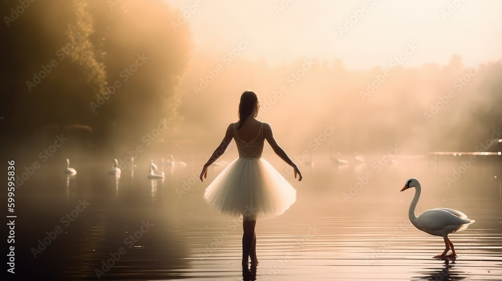 Female ballet dancer on swan lake in golden hour haze, prima ballerina ...