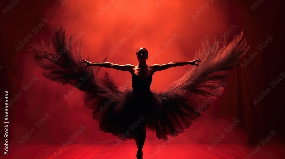 Female ballet dancer with black swan wings in black feathers tutu dress ...