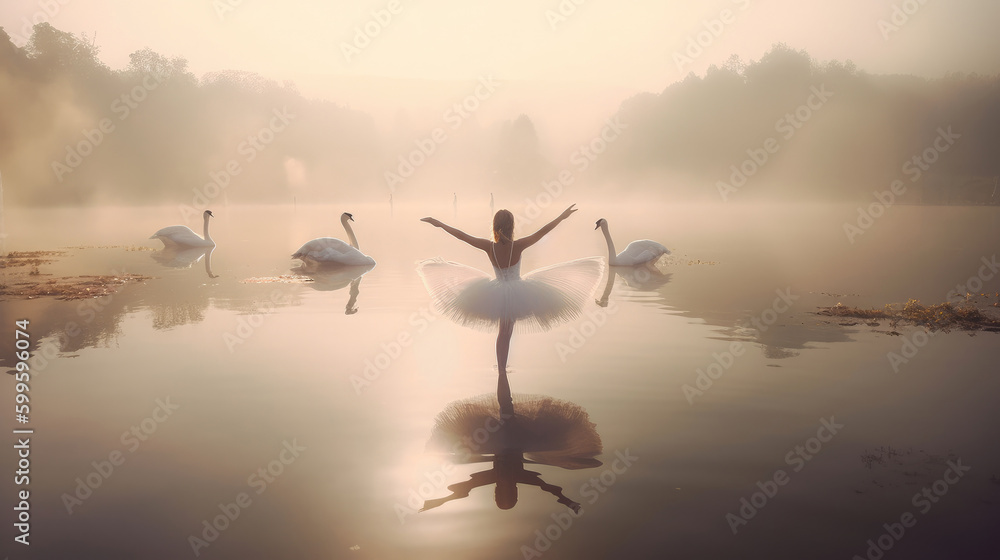Female ballet dancer on swan lake in golden hour haze, prima ballerina ...