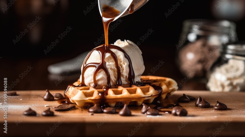 Chocolate dripping syrup with ice cream scoop fresh baked waffles ...