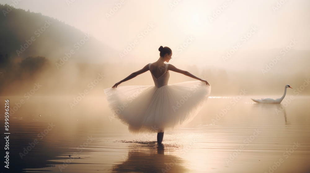 Female ballet dancer on swan lake in golden hour haze, prima ballerina ...