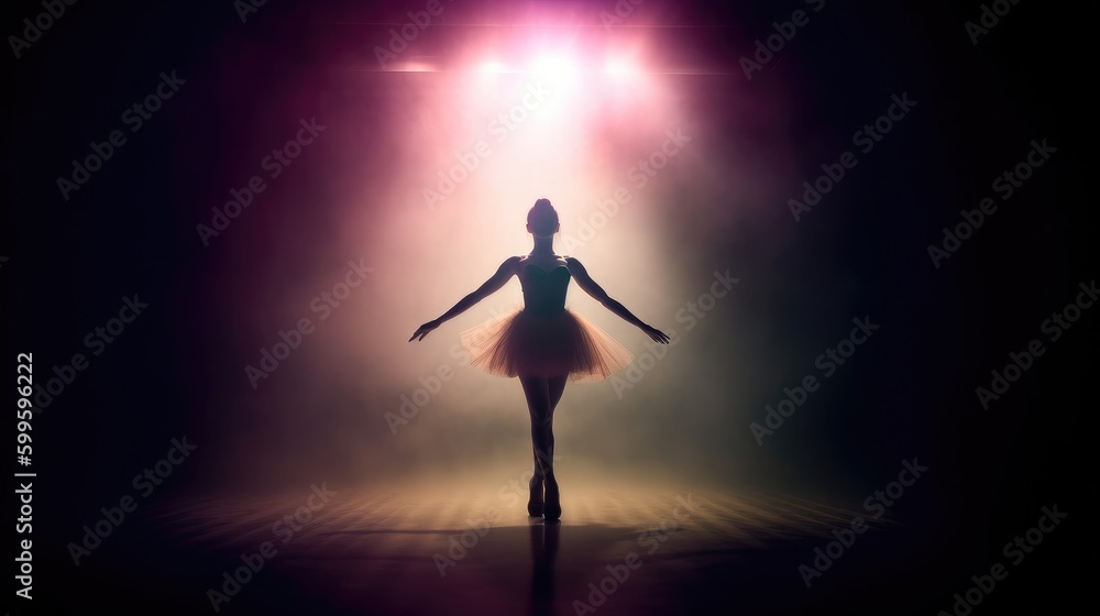 Female ballet dancer silhouette in multicolored haze spotlight beam ...