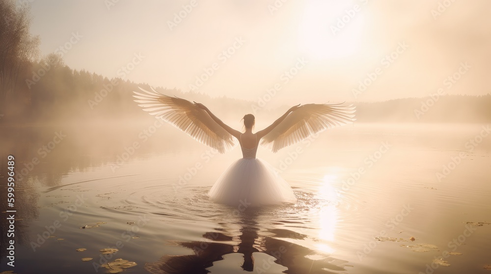 Female ballet dancer with swan wings dancing on swan lake in sunrise ...