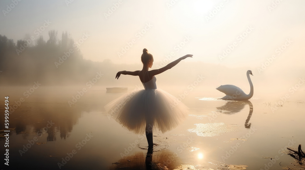 Female ballet dancer on swan lake in golden hour haze, prima ballerina ...