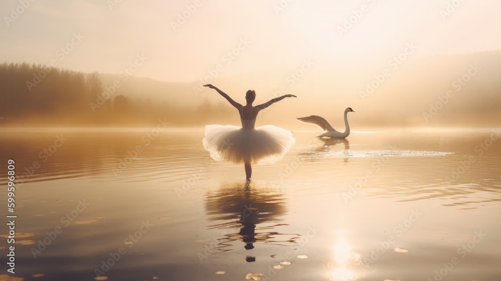 Female ballet dancer on swan lake in golden hour haze, prima ballerina ...