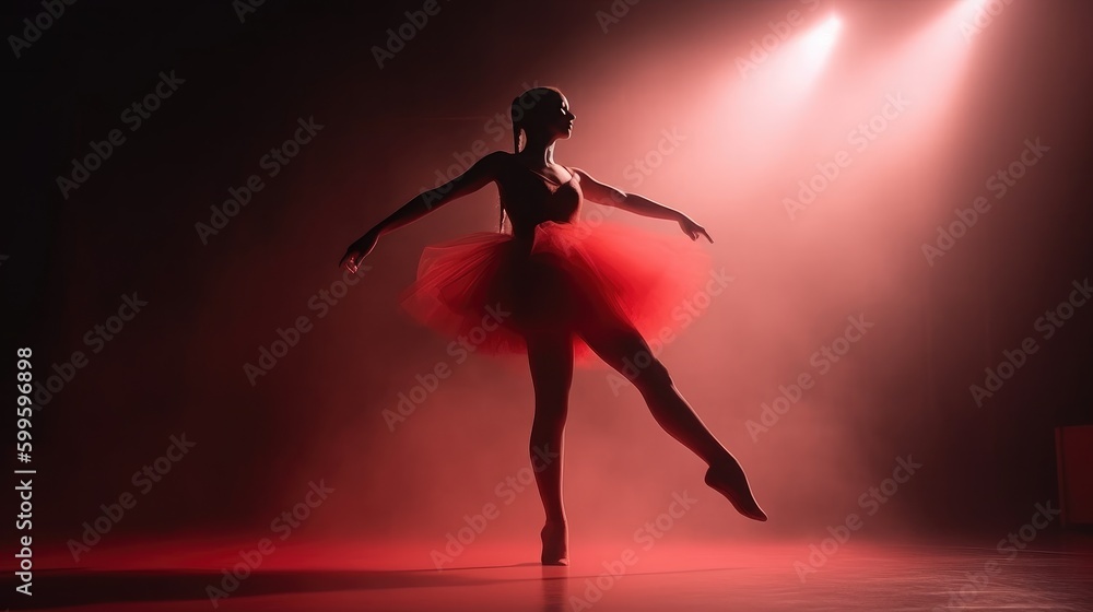 Female ballet dancer silhouette in red spotlight beam dark background ...