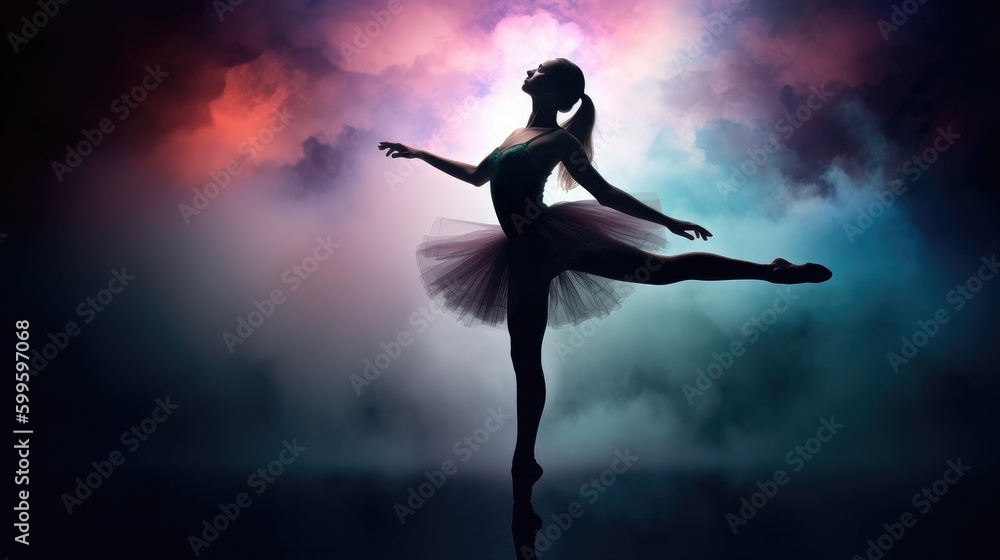 Female ballet dancer silhouette on dreamlike multicolored clouds ...