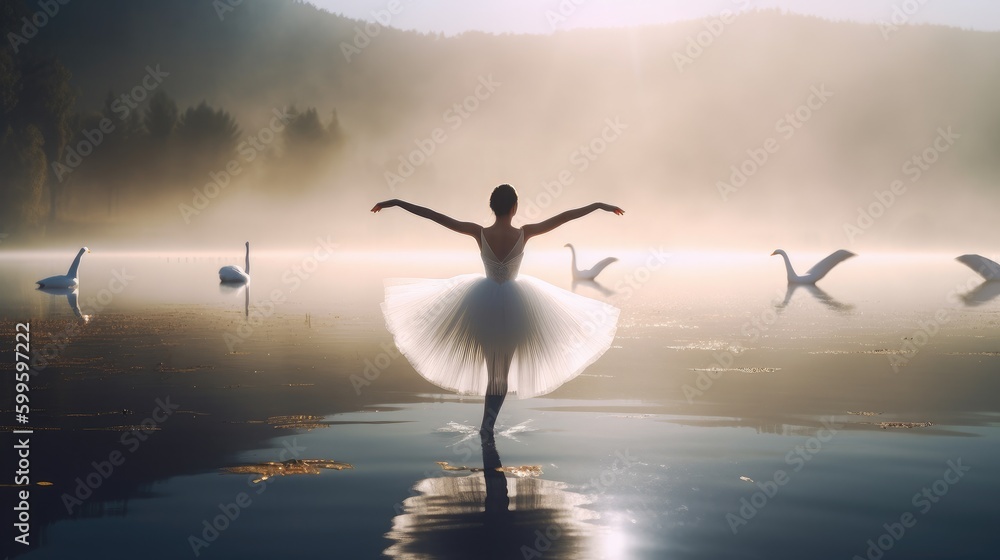 Female ballet dancer on swan lake in golden hour haze, prima ballerina ...