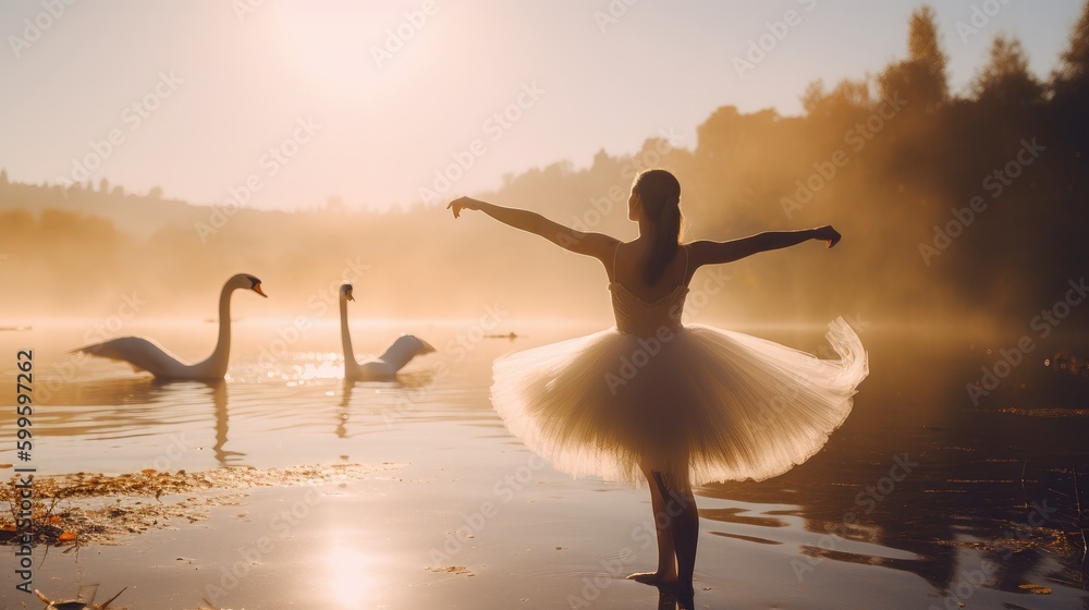 Female ballet dancer on swan lake in golden hour haze, prima ballerina ...