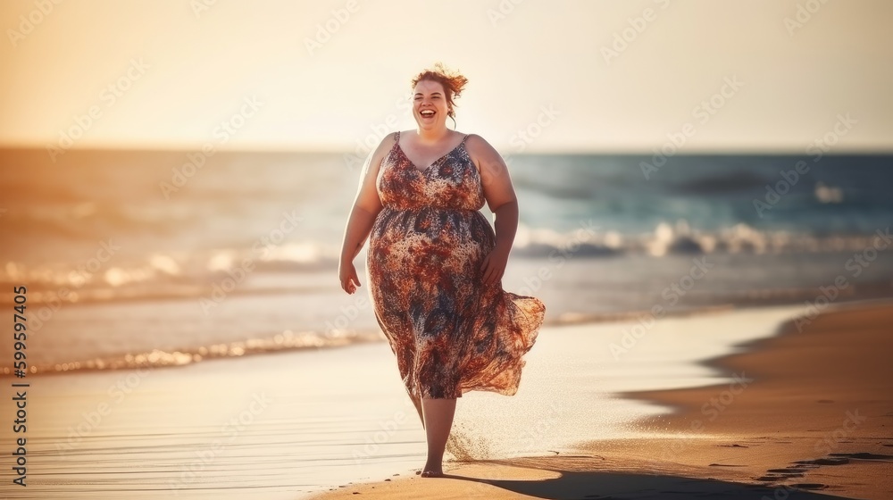 Happy woman with obesity walks along seacoast at sandy beach, beautiful ...