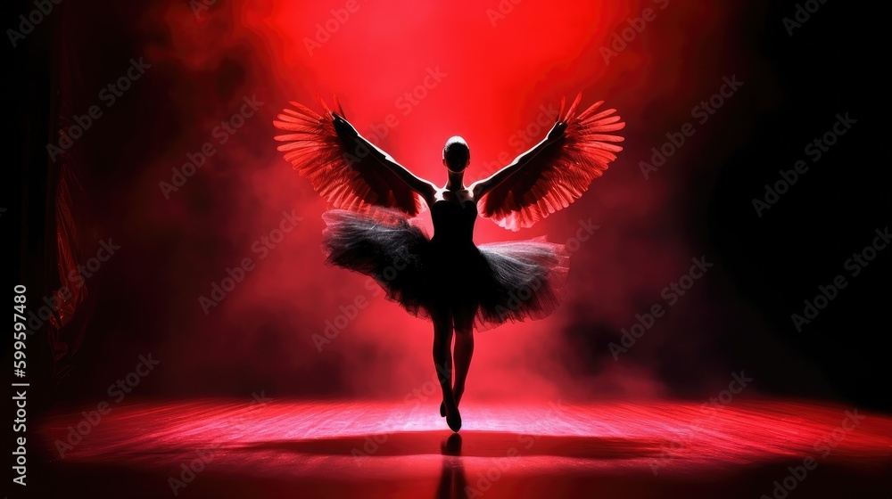 Female ballet dancer with black swan wings in black feathers tutu dress ...