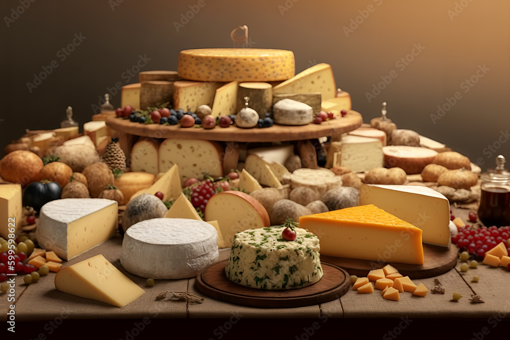 Variety of different cheese served on wood platters on a wooden table ...