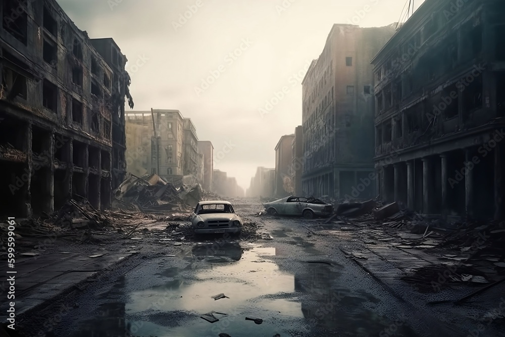 Destroyed buildings and cracked road in a post-apocalyptic city ...