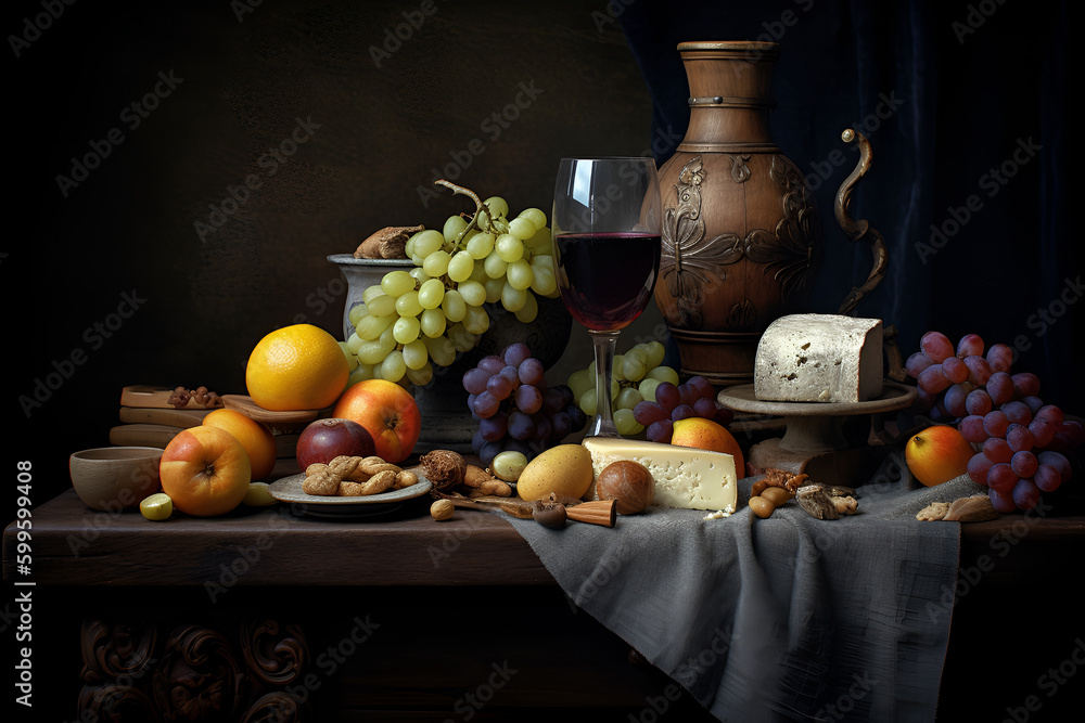 Classical vintage Dutch style still life with fruit, cheese, nuts, wine ...