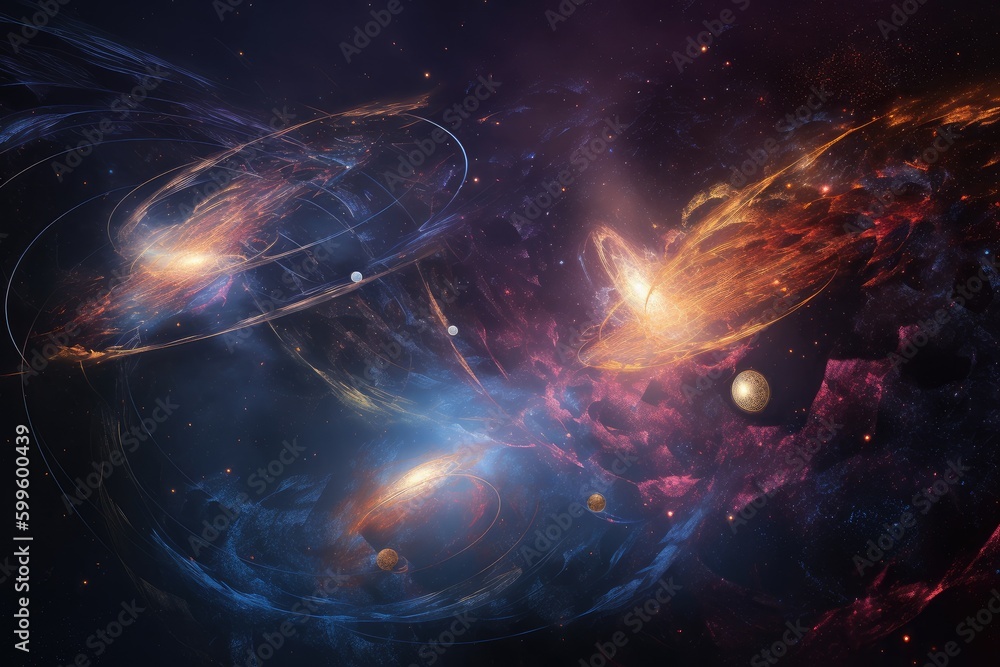 nebulae and galaxies colliding, with stars and planets in their paths ...