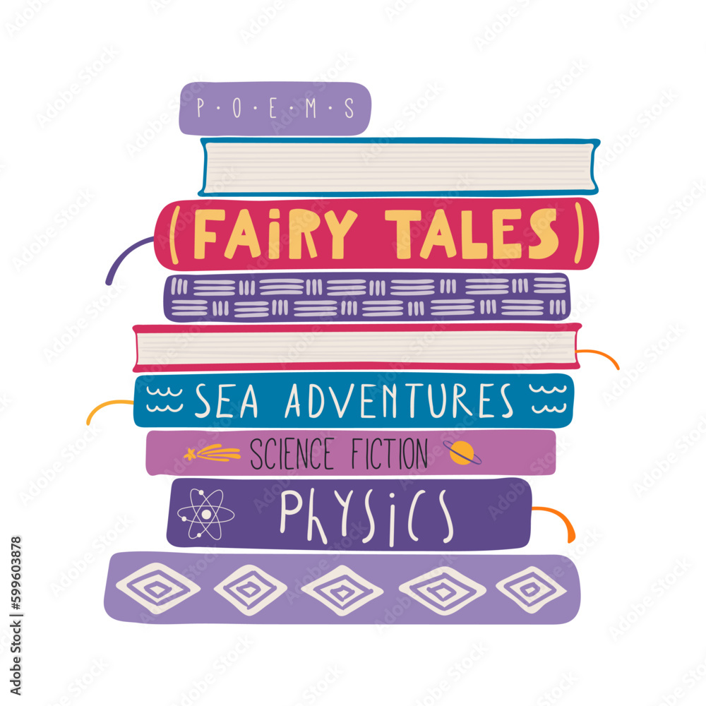 Stack, pile of books hand drawn cartoon illustration. Scandinavian ...