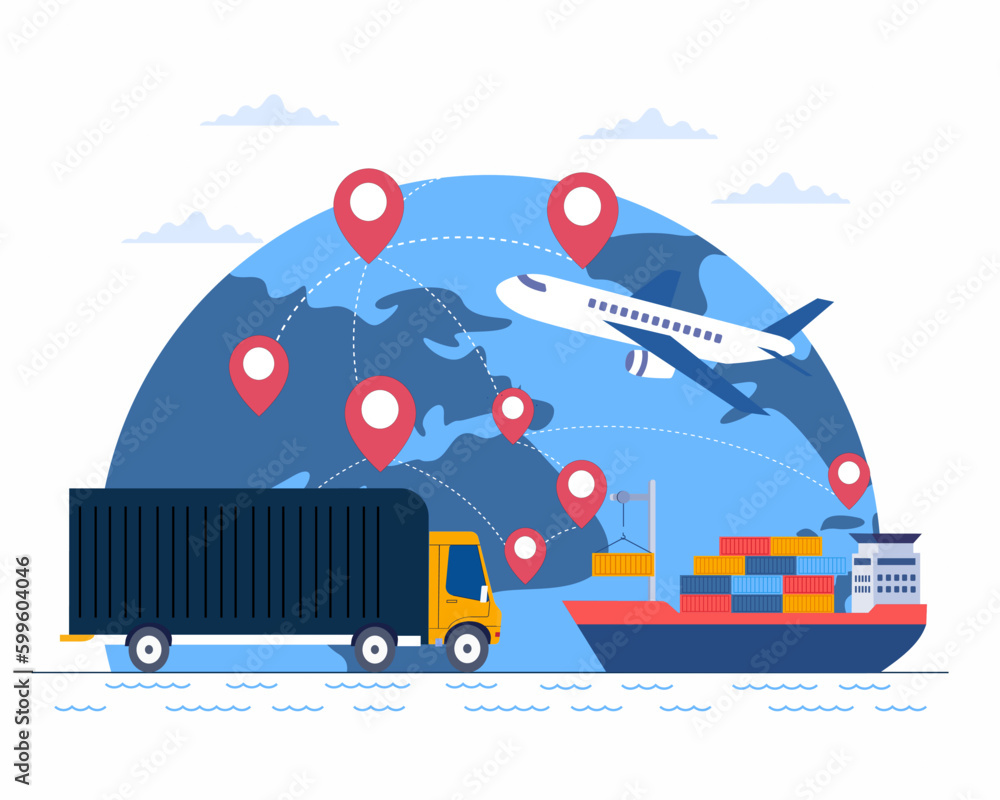 Worldwide international delivery with pinpoint worldwide map background ...