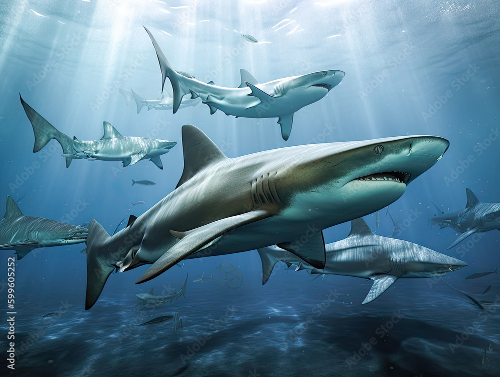 Tiger Shark Up Close Full Body Shot. Stripes showing in clear blue ...