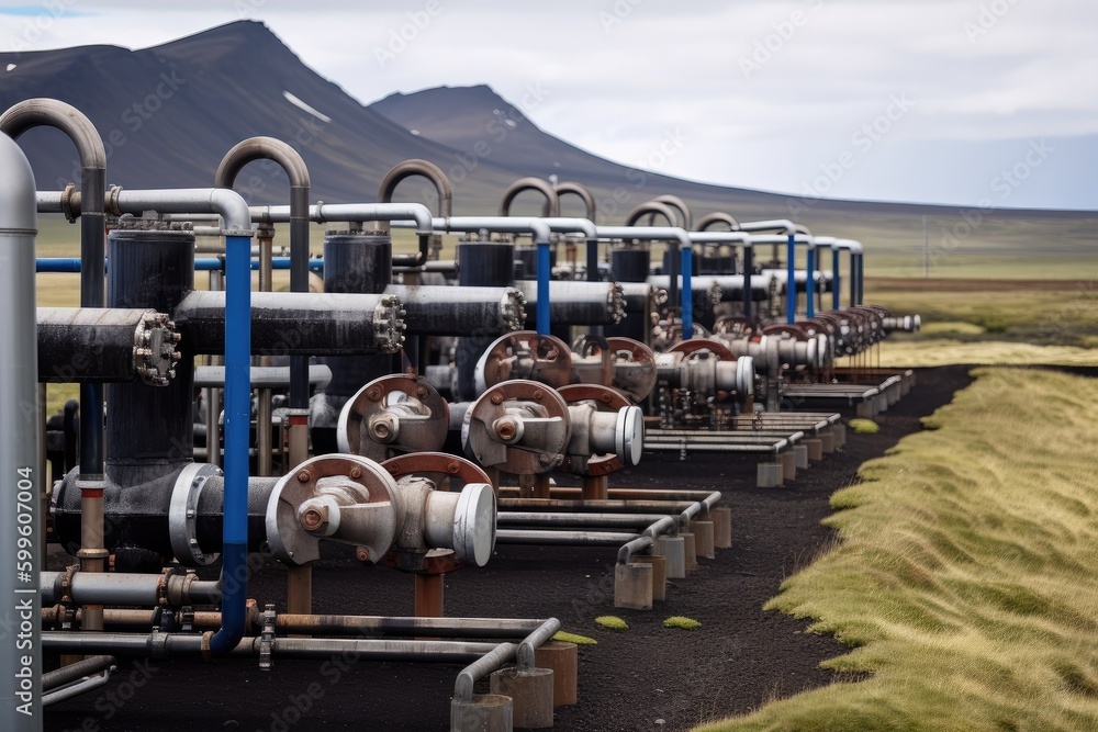 close-up of geothermal energy conversion system, with pipes and valves ...