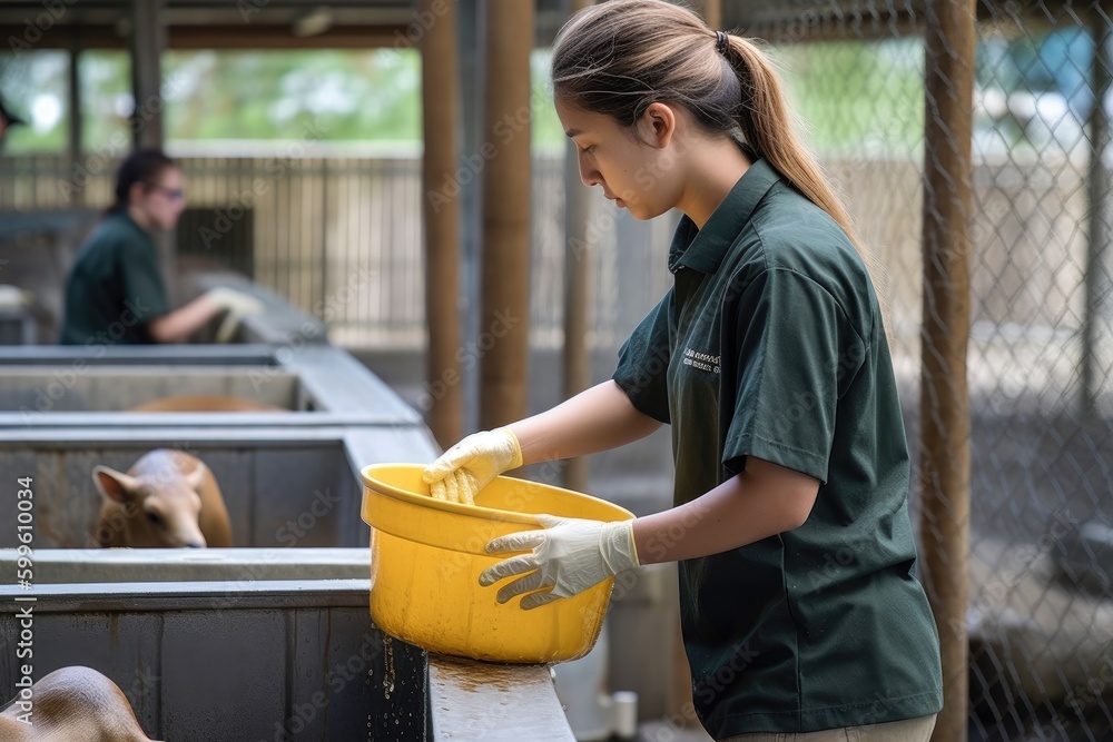person, volunteering at wildlife conservation center, cleaning and ...
