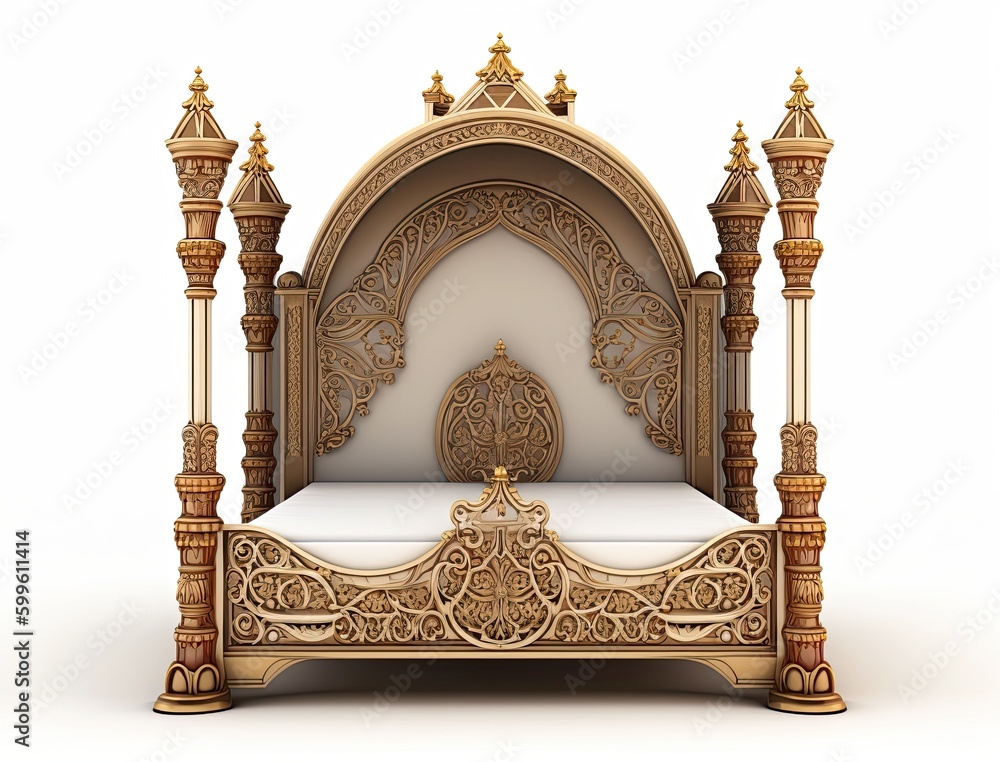 Luxury royal golden double bed with gold ornament isolated on white ...
