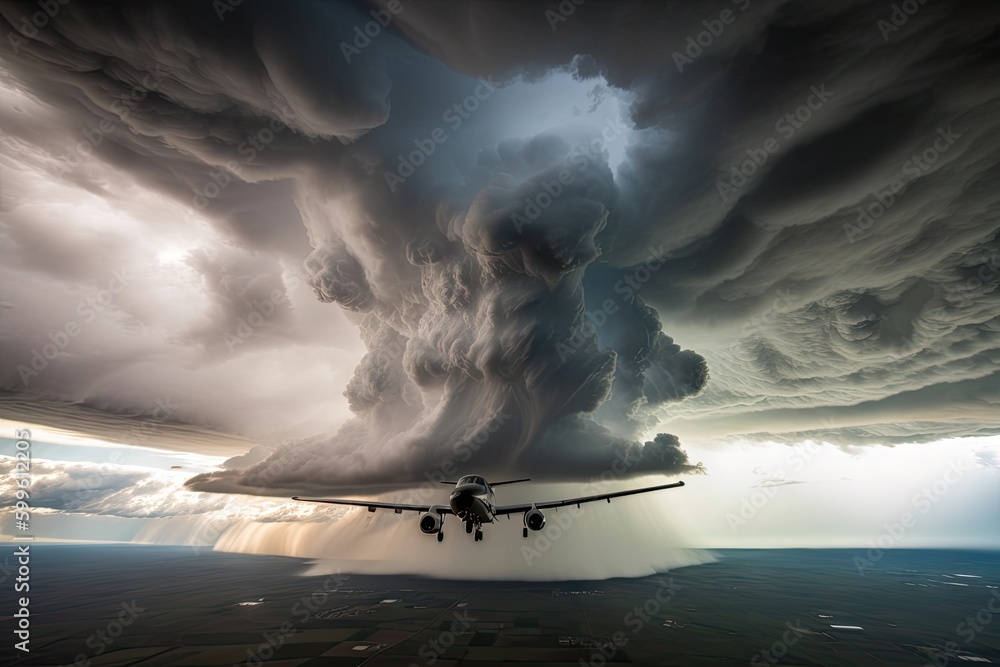 storm chaser flying through the eye of a storm, with clear skies on the ...