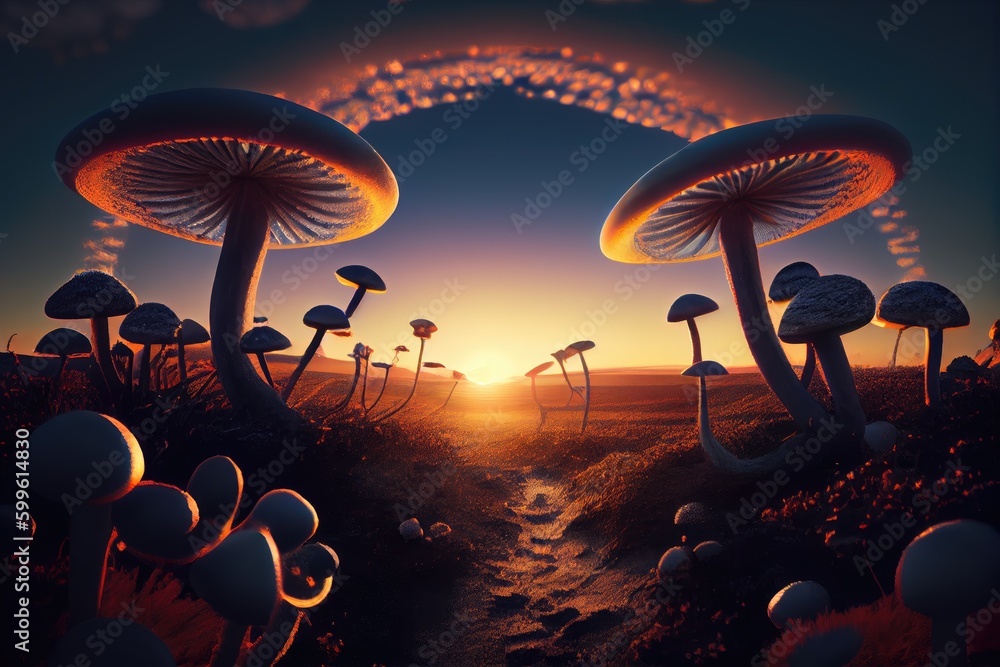 magic mushroom field, with view of the sun setting over the horizon ...