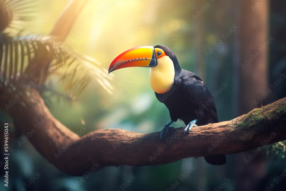 Exotic toucan bird sits on a tree branch in the rainforest jungle ...