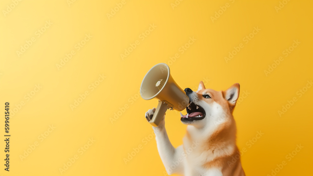 Funny cute dog, Shiba holds a yellow loudspeaker in its shouting and ...