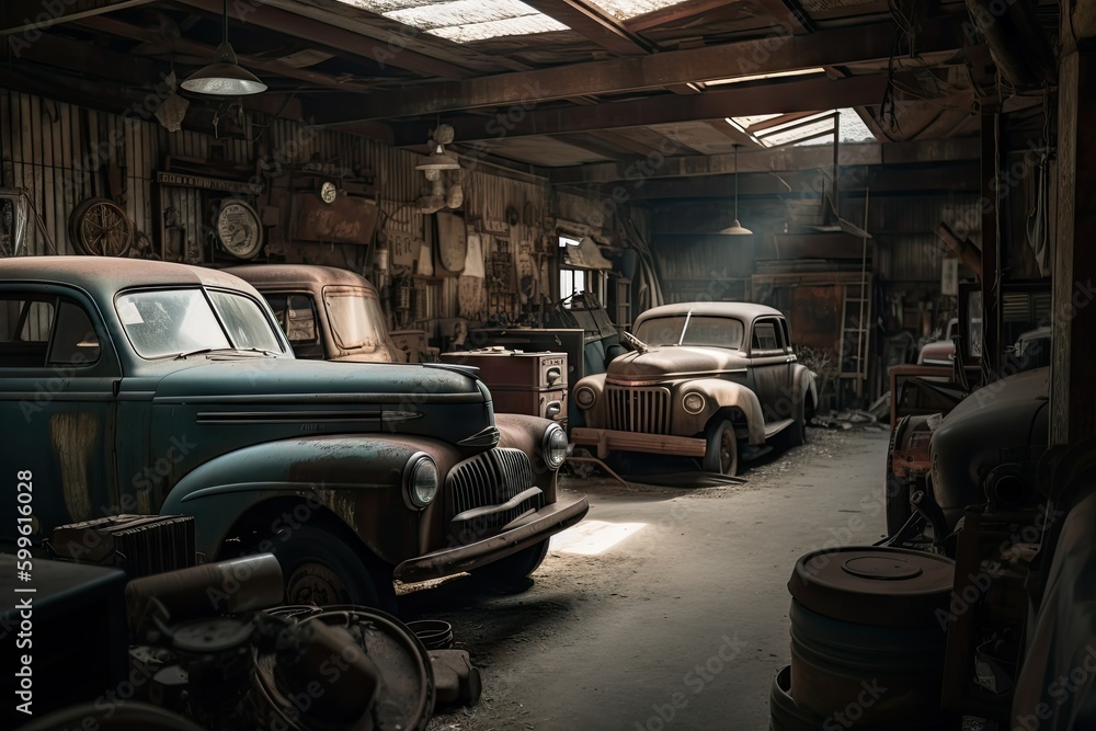 old garage with vintage cars and trucks in various states of repair ...