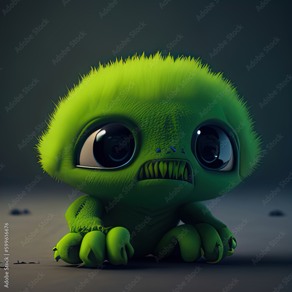 Cute fluffy green baby alien character illustration kids book art ...