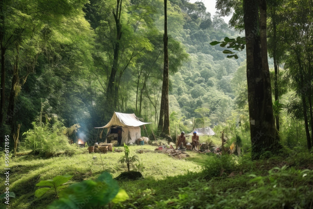 nomadic tribe setting up camp in lush green forest, created with ...