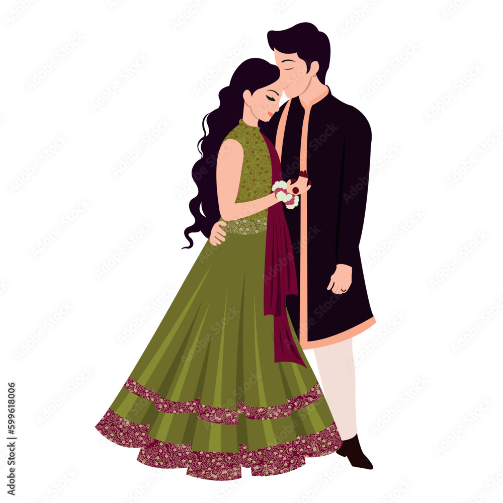 Vector Vector Cute Indian Couple Cartoon In Traditional Dress Posing