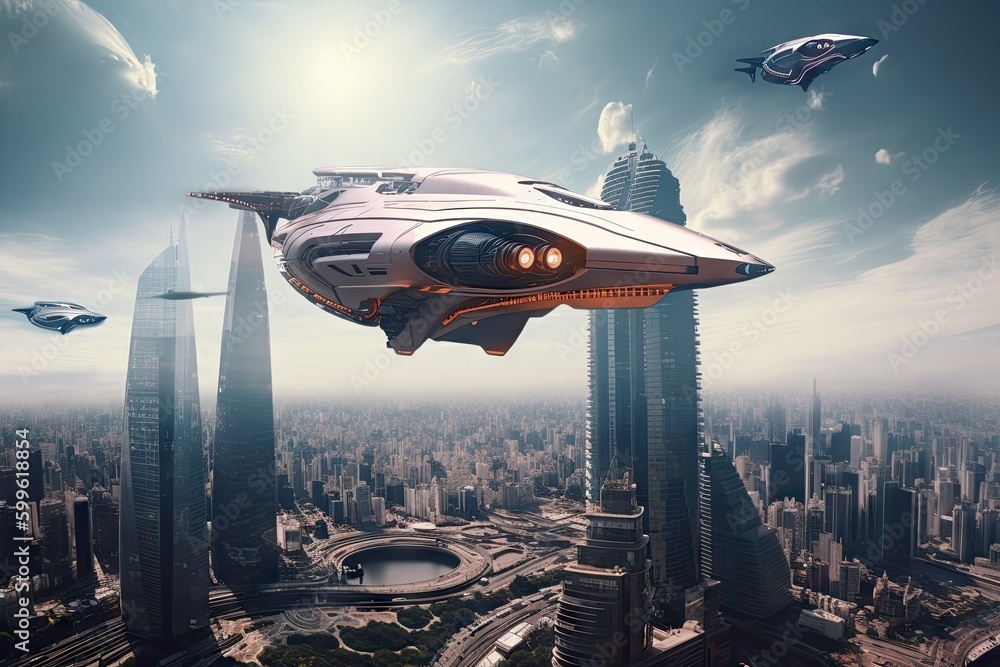 spaceship flying over futuristic city, with towering skyscrapers and ...