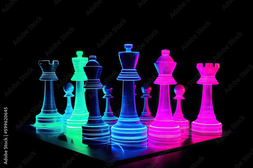 neon chess set against black background for dramatic effect, created ...