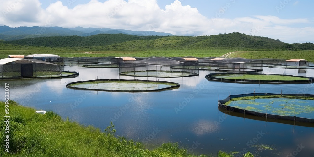 Aquaculture farm with a series of fish-filled ponds, illustrating ...