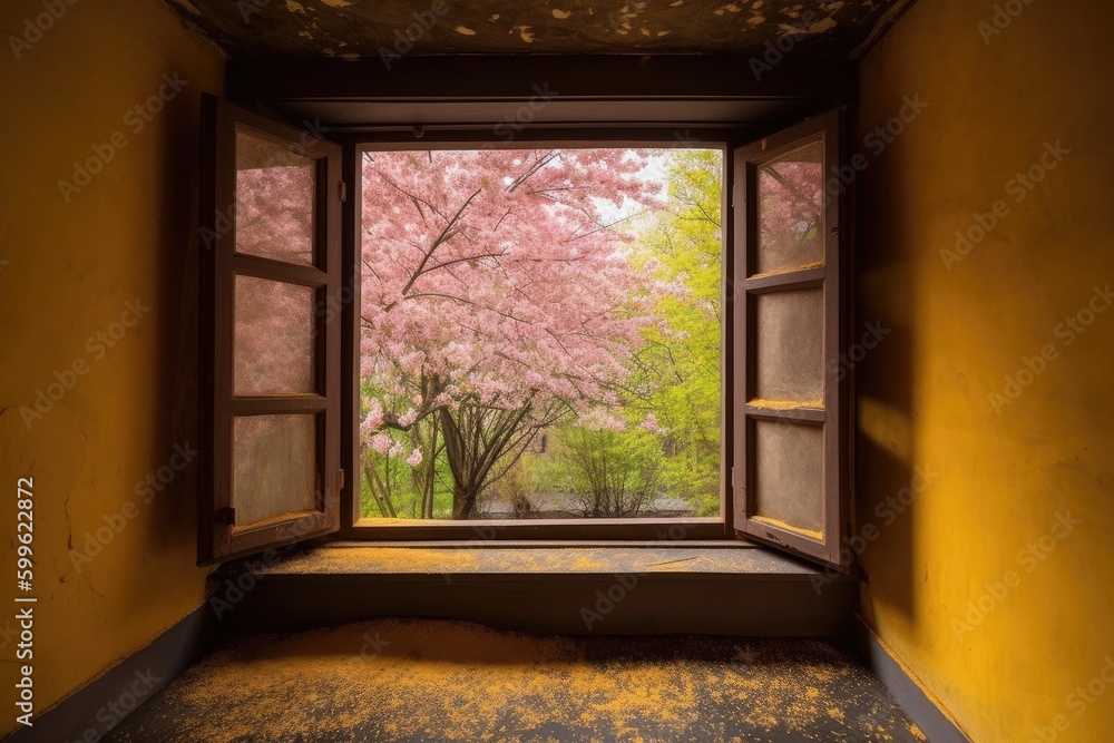 pollen-covered window, with view of the outdoors and blooming trees ...