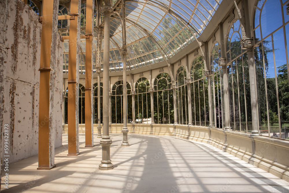 Madrid, Spain May 1, 2022 A crystal palace from inside A glass building ...