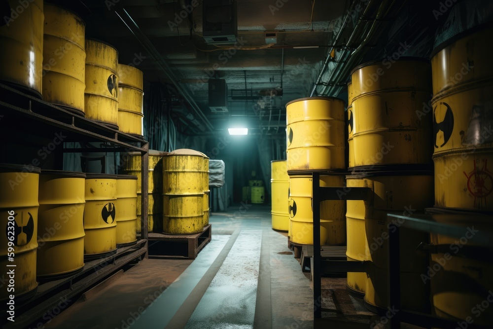 nuclear waste storage facility with radiation signs and warning symbols ...