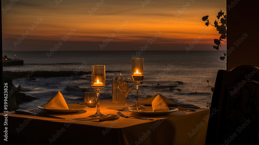 Luxury romantic candlelight dinner table setup for couple in ocean view ...