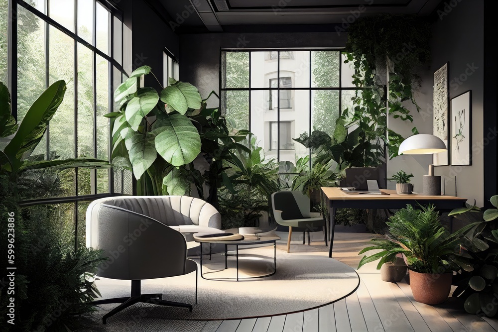 office with lush greenery and natural light, setting the scene for a ...