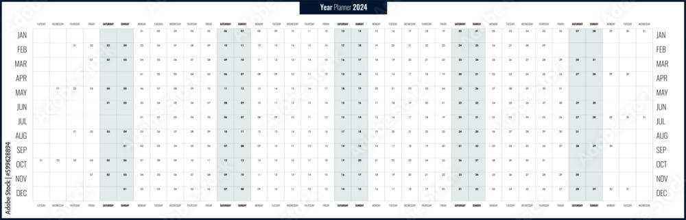 Long planner 2024. Yearly calendar template, one page, simple with copy ...
