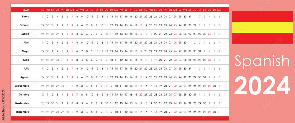 Linear calendar 2024. Horizontal grid with selected sundays. Yearly ...