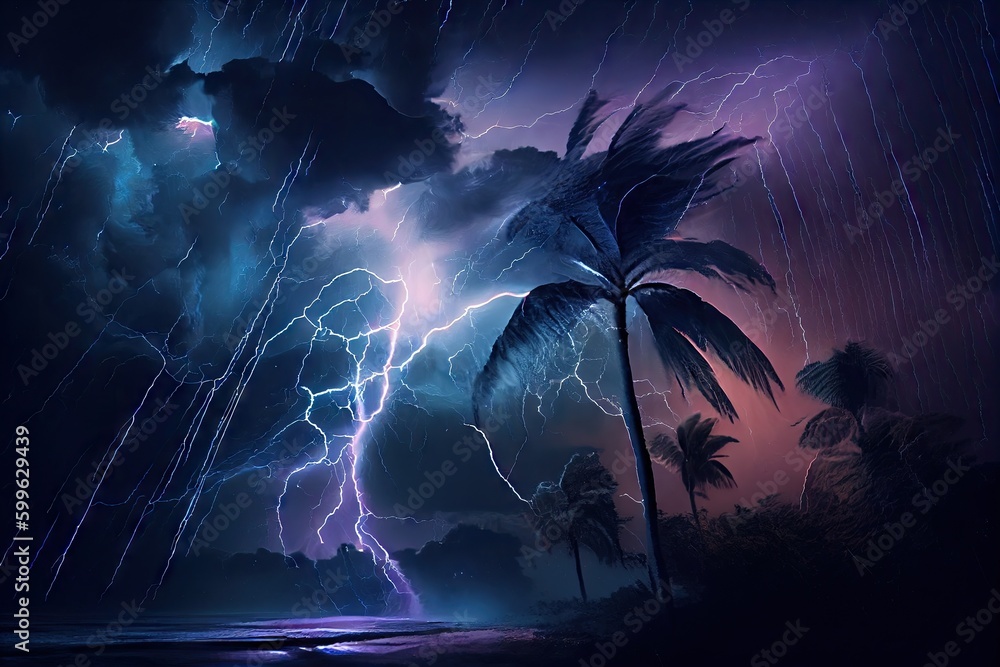 tropical cyclone with dramatic lightning and thunderstorm, against ...
