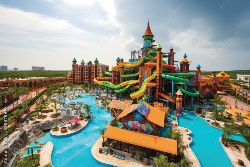 water park with towering slides and interactive water features ...