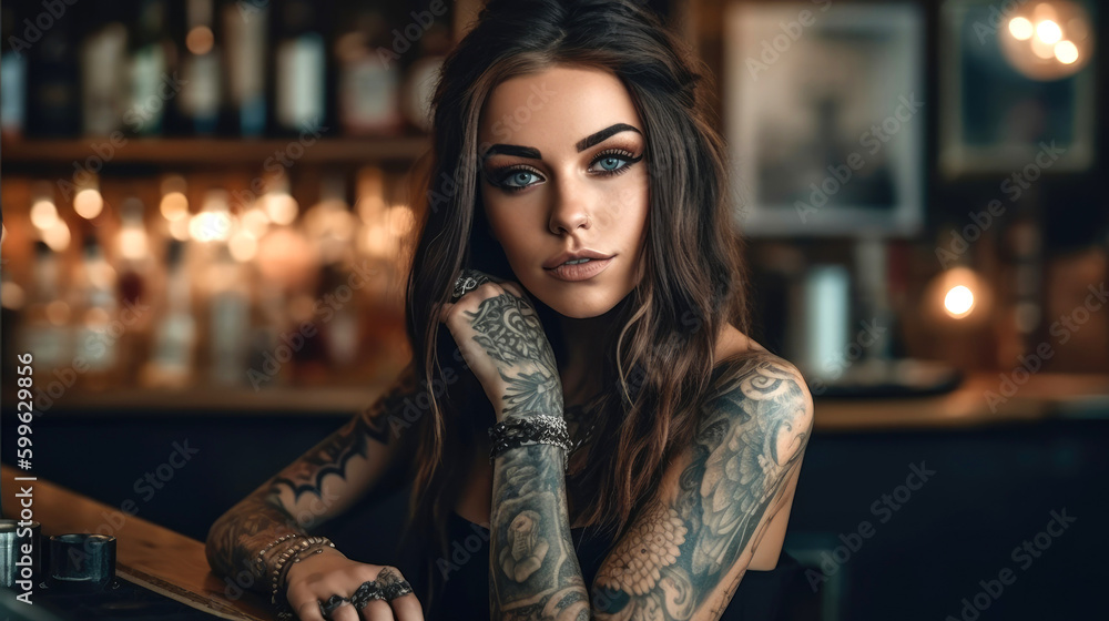 Beautiful Tattooed Woman Is Posing For The Camera Generative Ai Stock