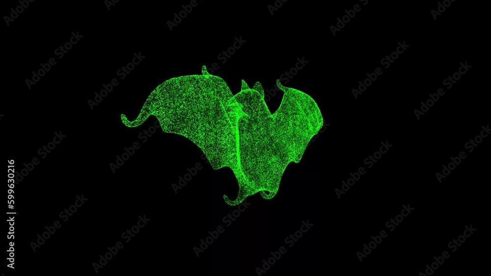 3D bat rotates on black bg. Object dissolved green flickering particles ...