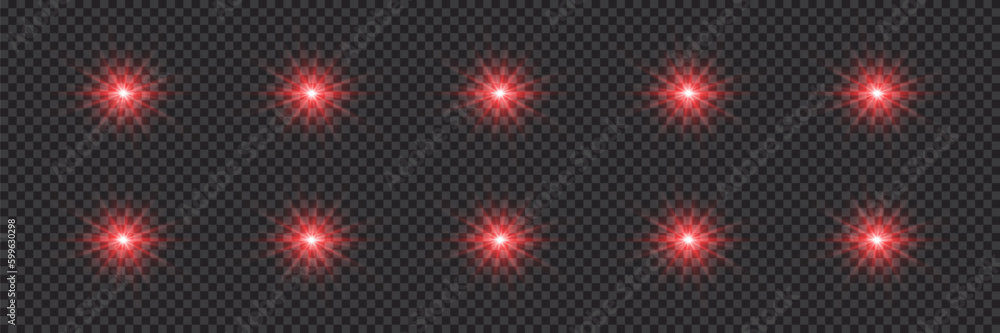Set of red flashes of light isolated on a transparent background. Solar ...